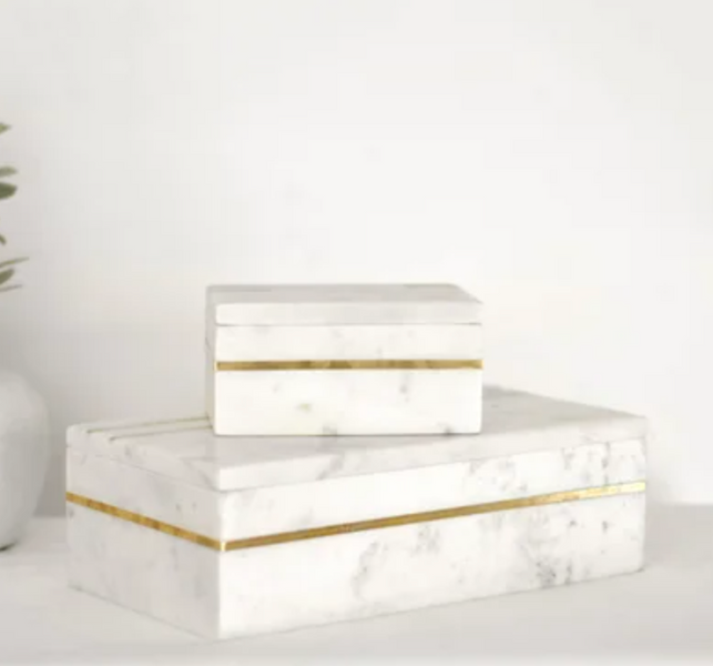 White Marble Box with Brass Inlay – Linen & Clove